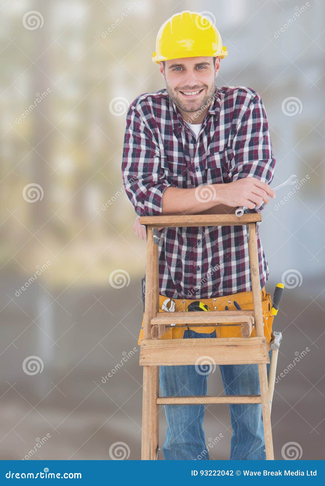 Construction Worker on Ladder in Front of Construction Site Stock Photo ...