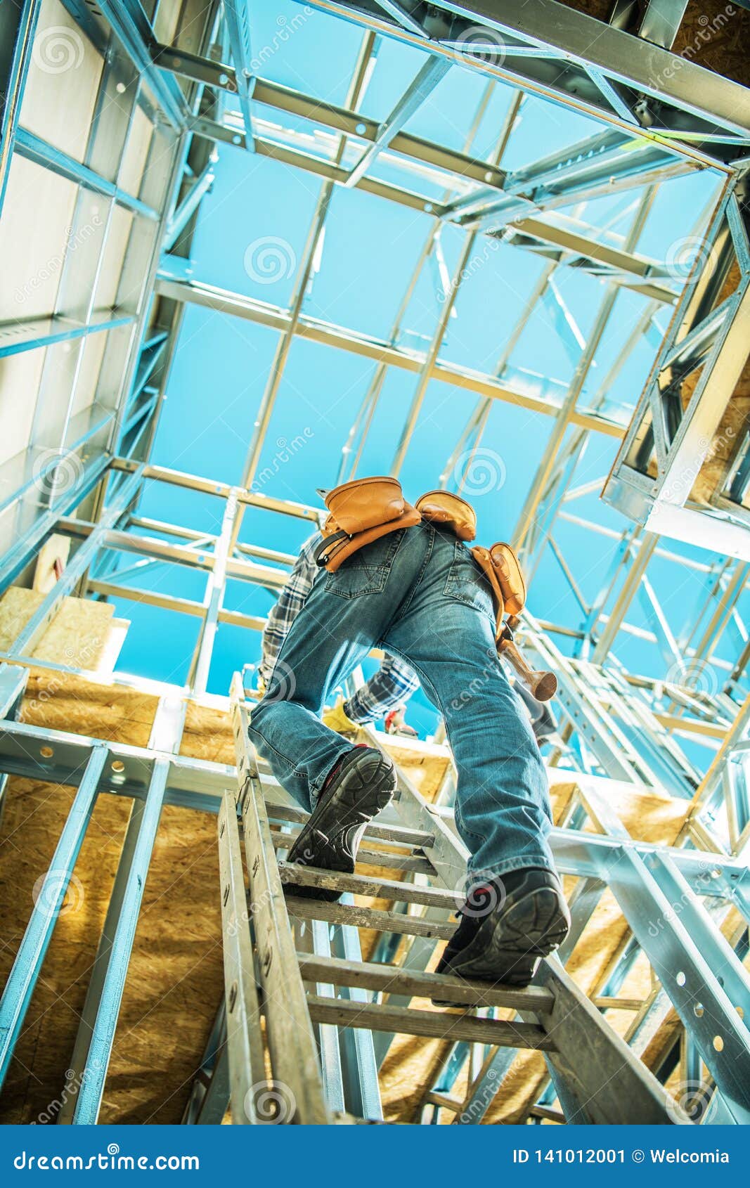 Construction Worker on a Ladder Stock Image - Image of residential ...