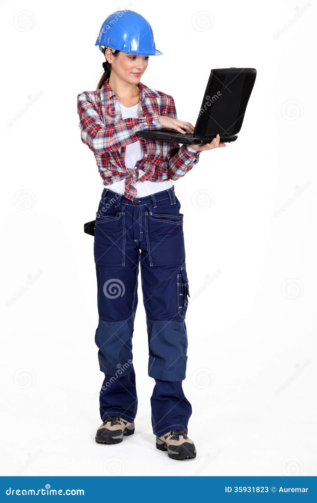 Construction Worker with a Laptop. Stock Image - Image of isolated ...