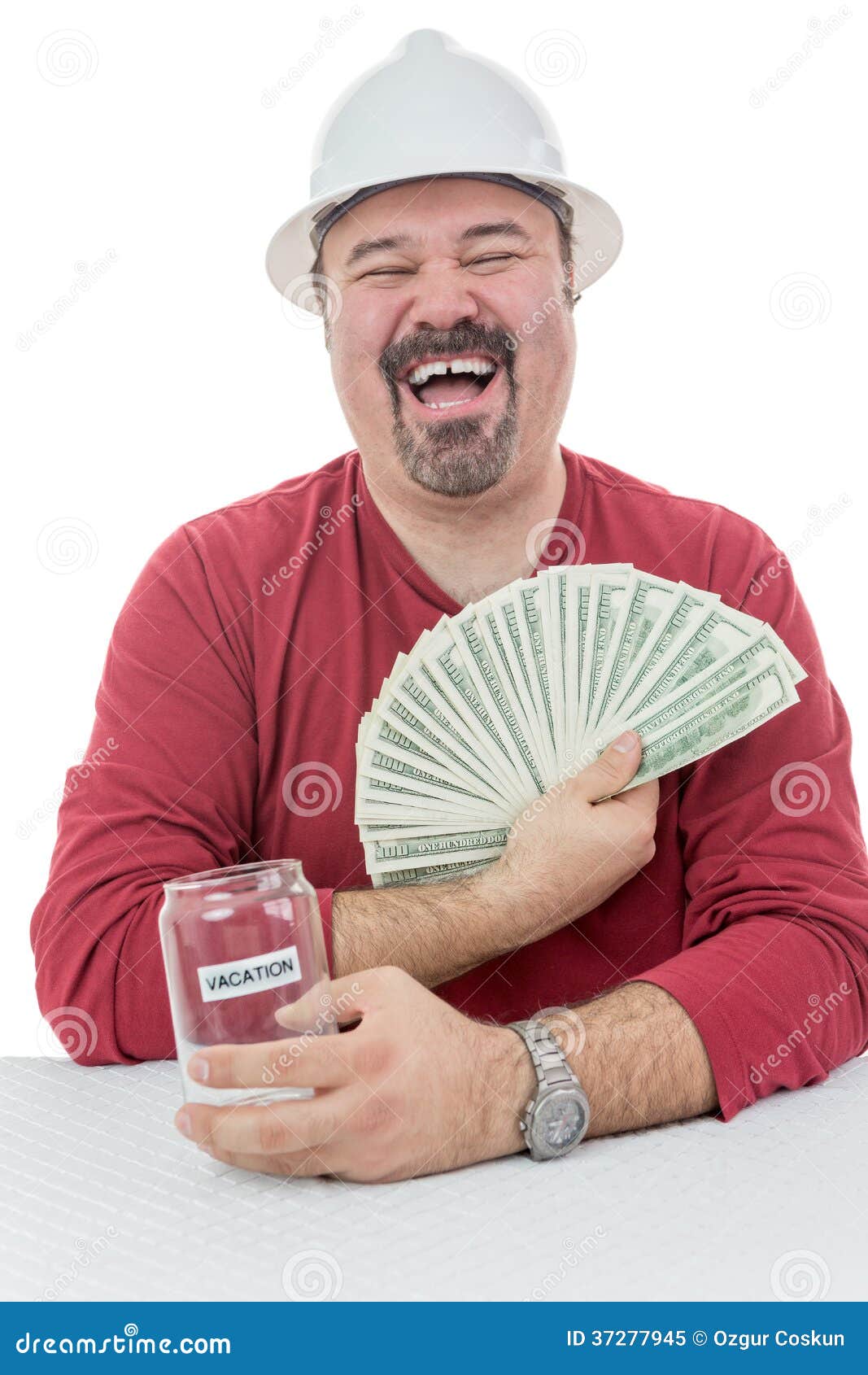 Construction Worker Laughing with Vacations Money Stock Image - Image ...