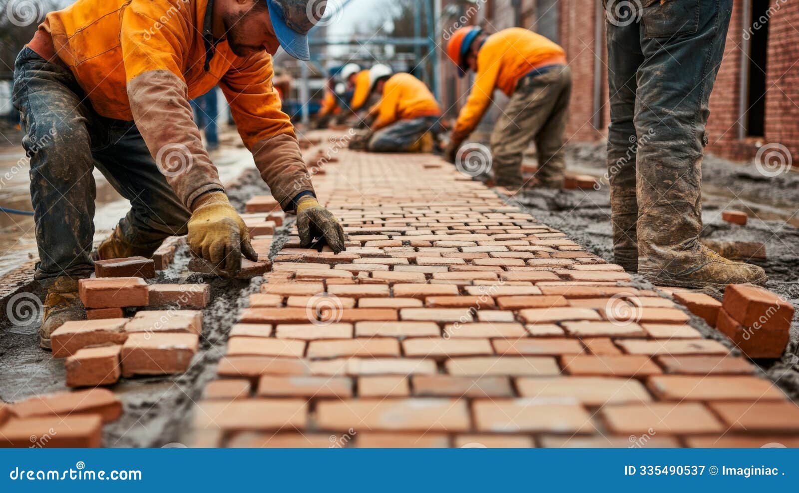 Construction Worker Laying Bricks on a New Pathway Stock Illustration ...