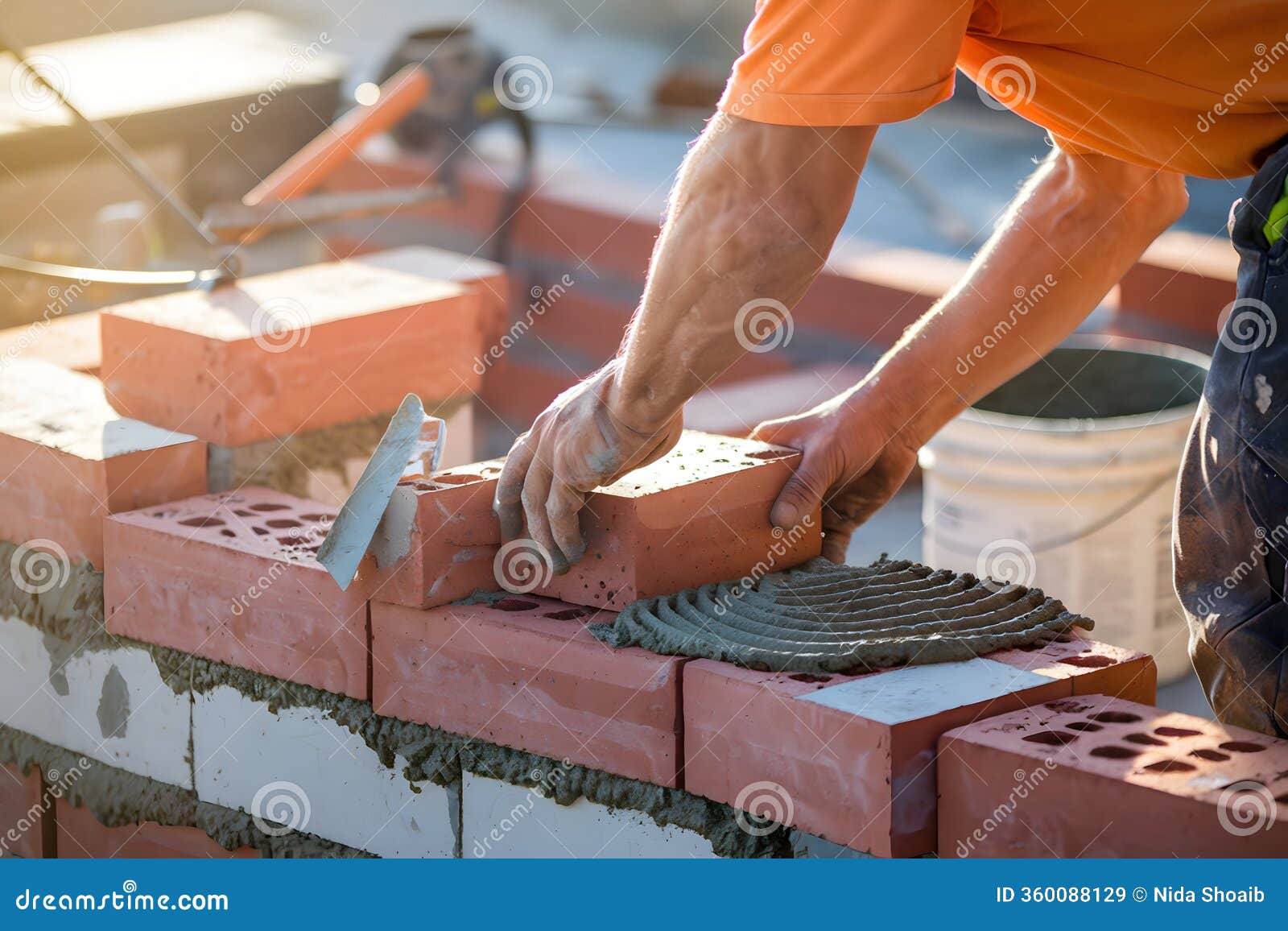Construction Worker Laying Bricks with a Trowel beside Him Stock ...