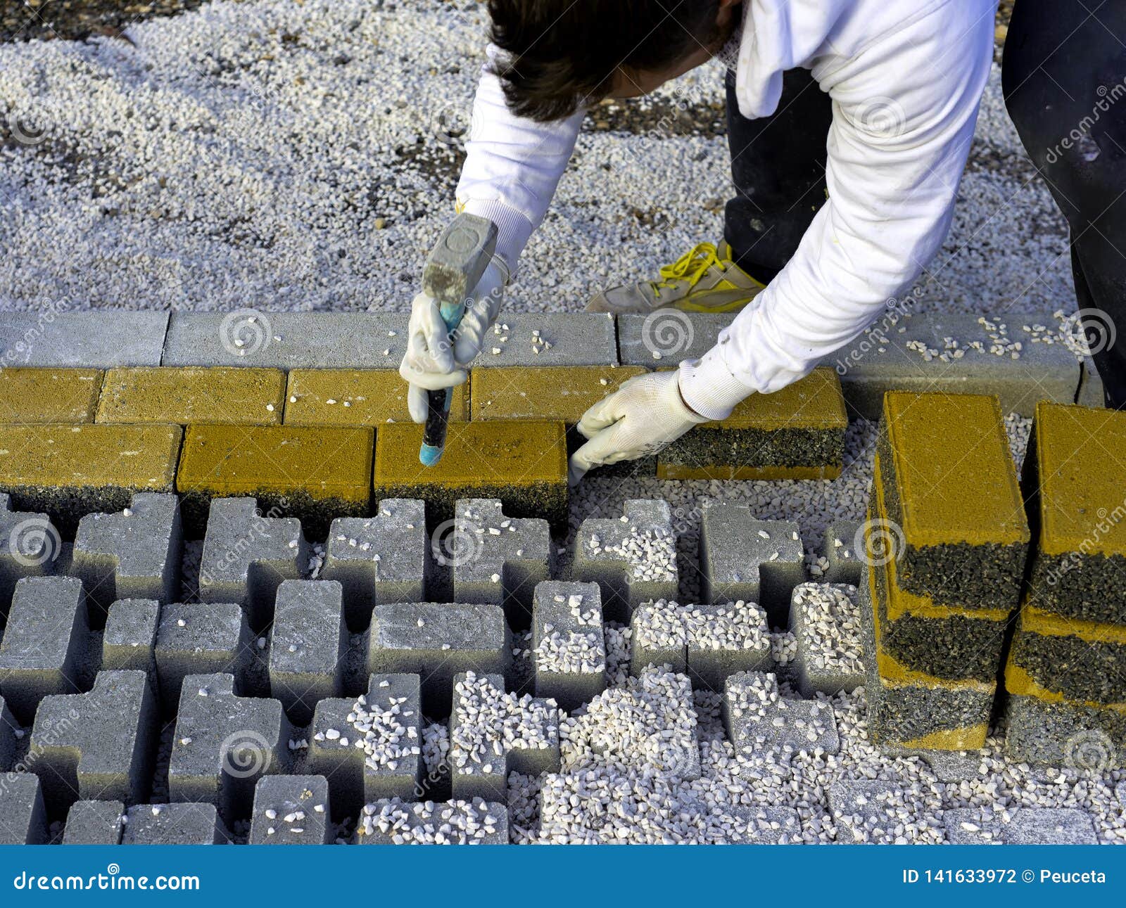 Construction Worker Laying Interlocking Paving Concrete Stock Photo ...