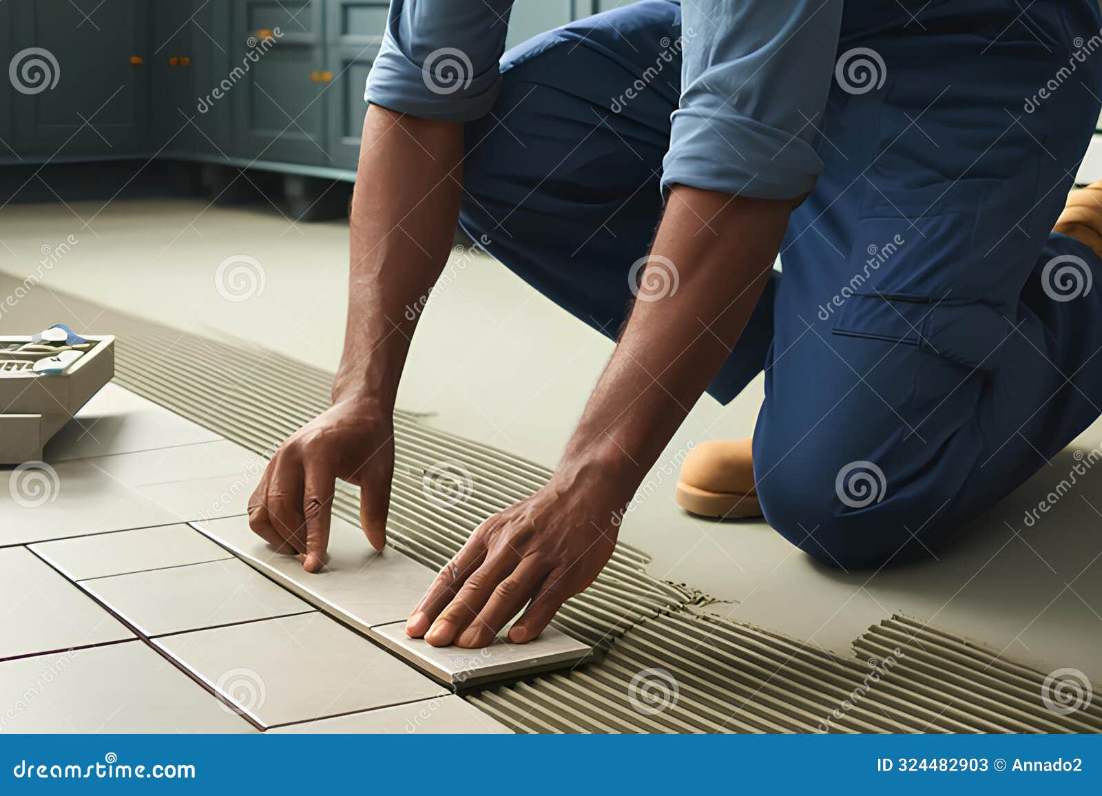A Construction Worker Laying Tiles on a Floor, Close Up Stock ...