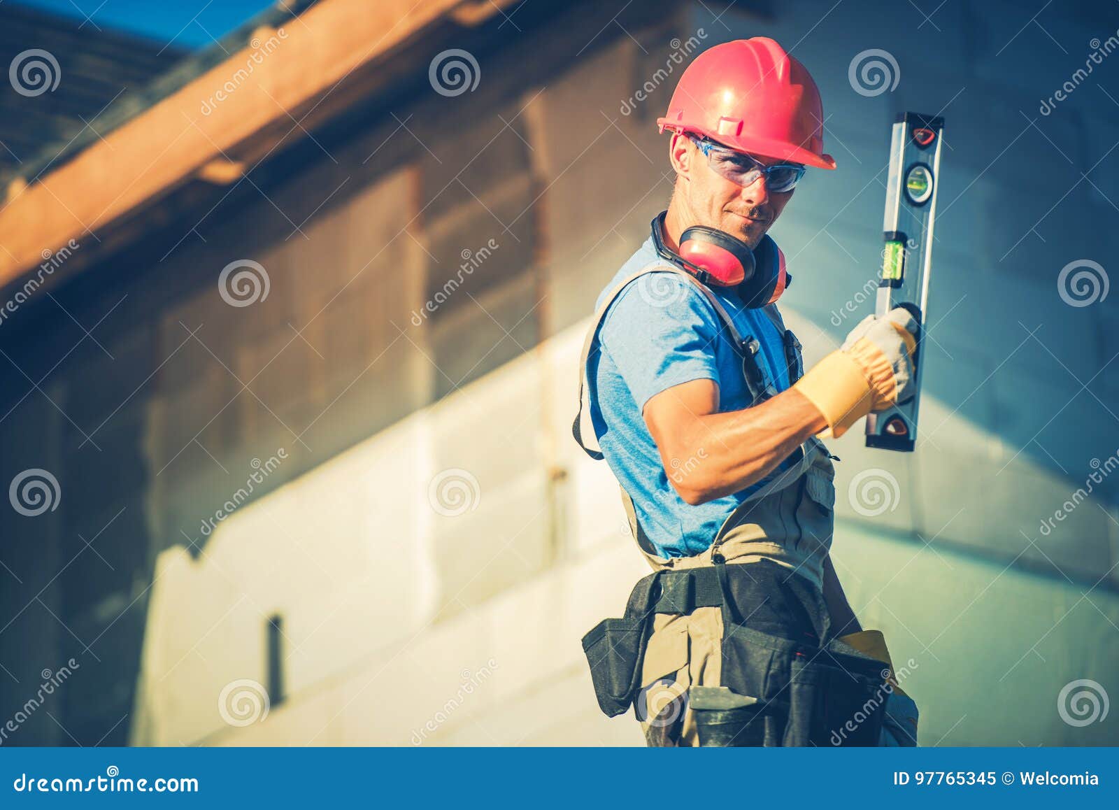 Construction Worker with Level Stock Image - Image of construction ...