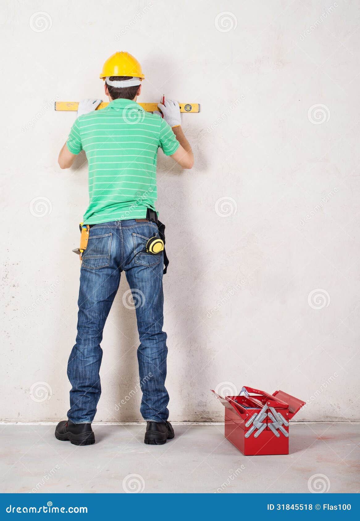Construction Worker with Level Tool Stock Photo - Image of level, floor ...
