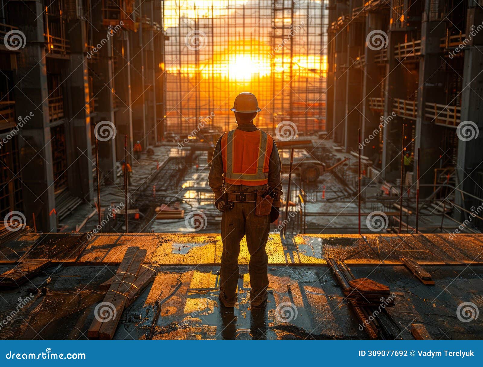 Construction Worker Looking at the Sunrise. Stock Photo - Image of ...