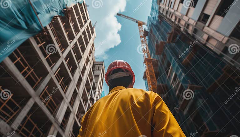 Construction Worker Looking Up at a Skyscraper Under Construction ...