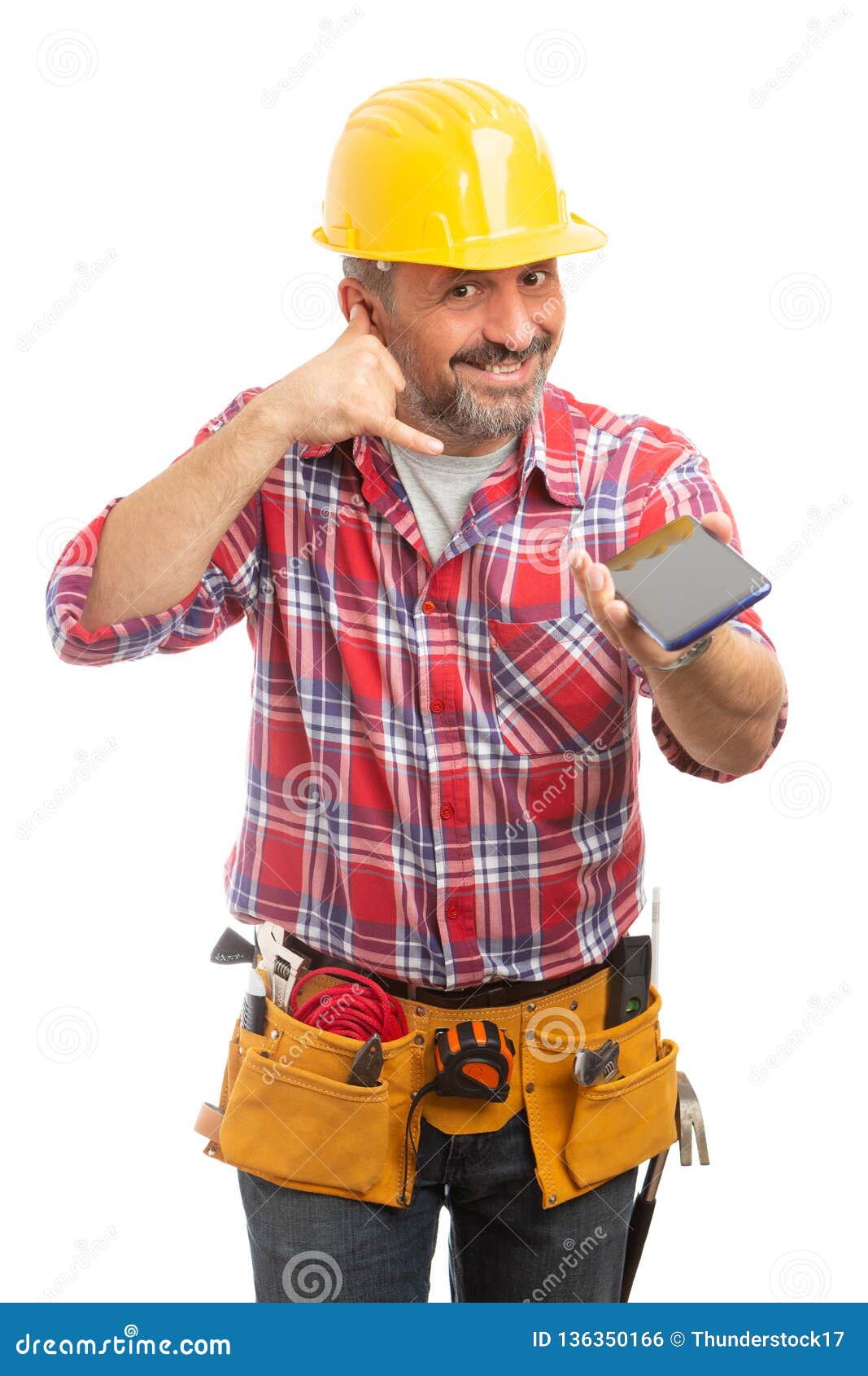 Construction Worker Making Call Us Gesture Stock Photo - Image of cell ...