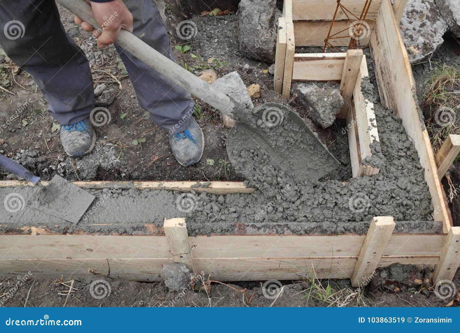 Construction Worker Making Concrete Foundation in Formwork Stock Image ...