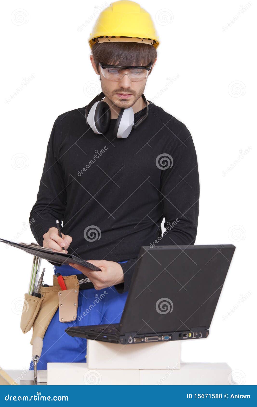 Construction Worker Making Notice Stock Photo - Image of worker, studio ...