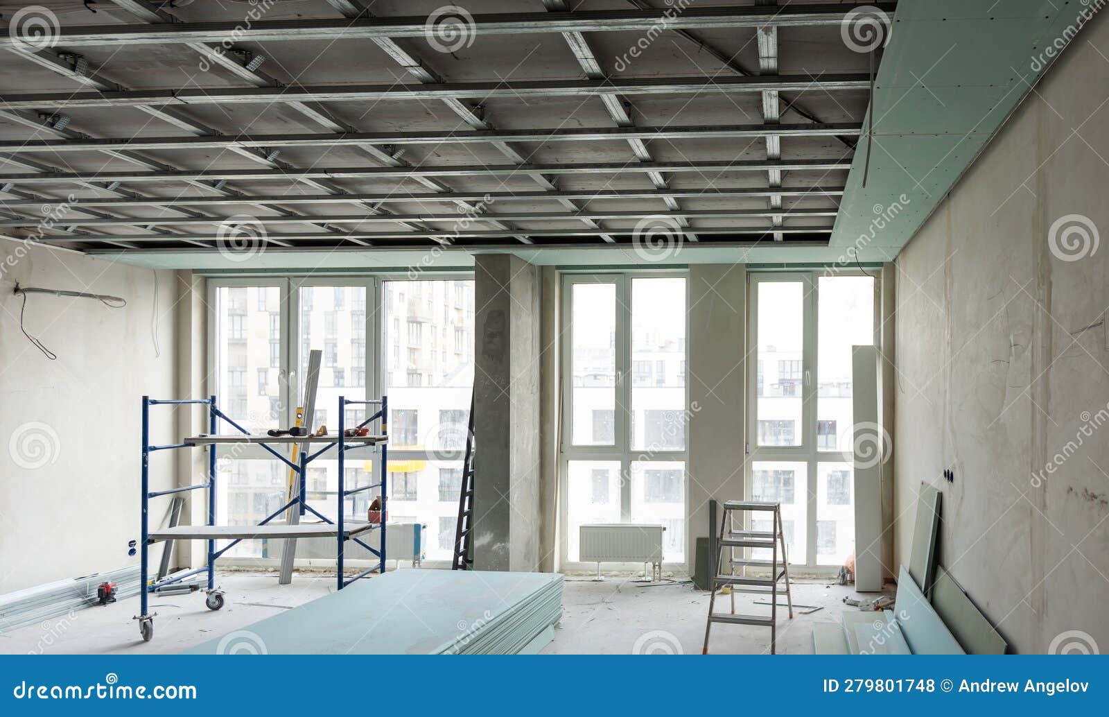 Construction Worker, Making Walls from Gypsum Plasterboard or Drywall ...