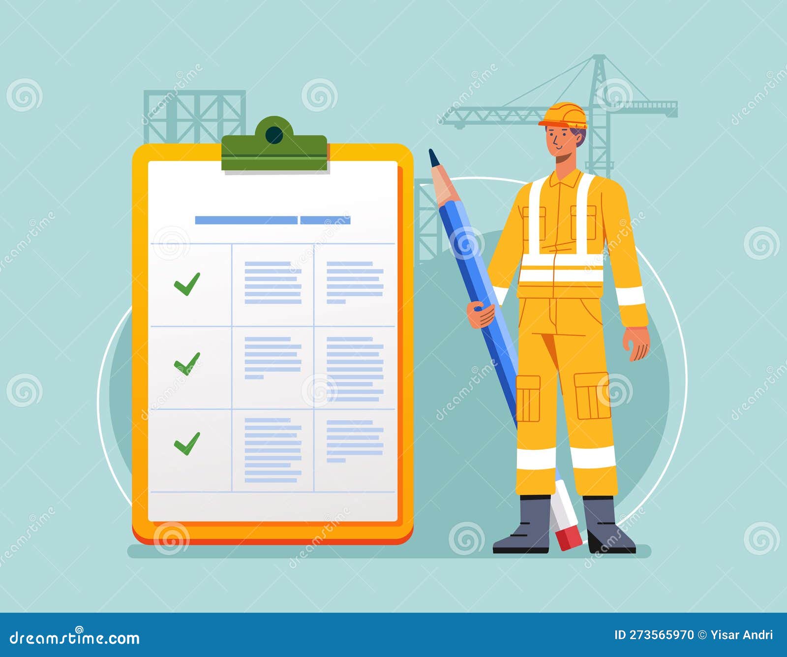 Construction Worker Man with Giant Pencil Near Marked Checklist on ...