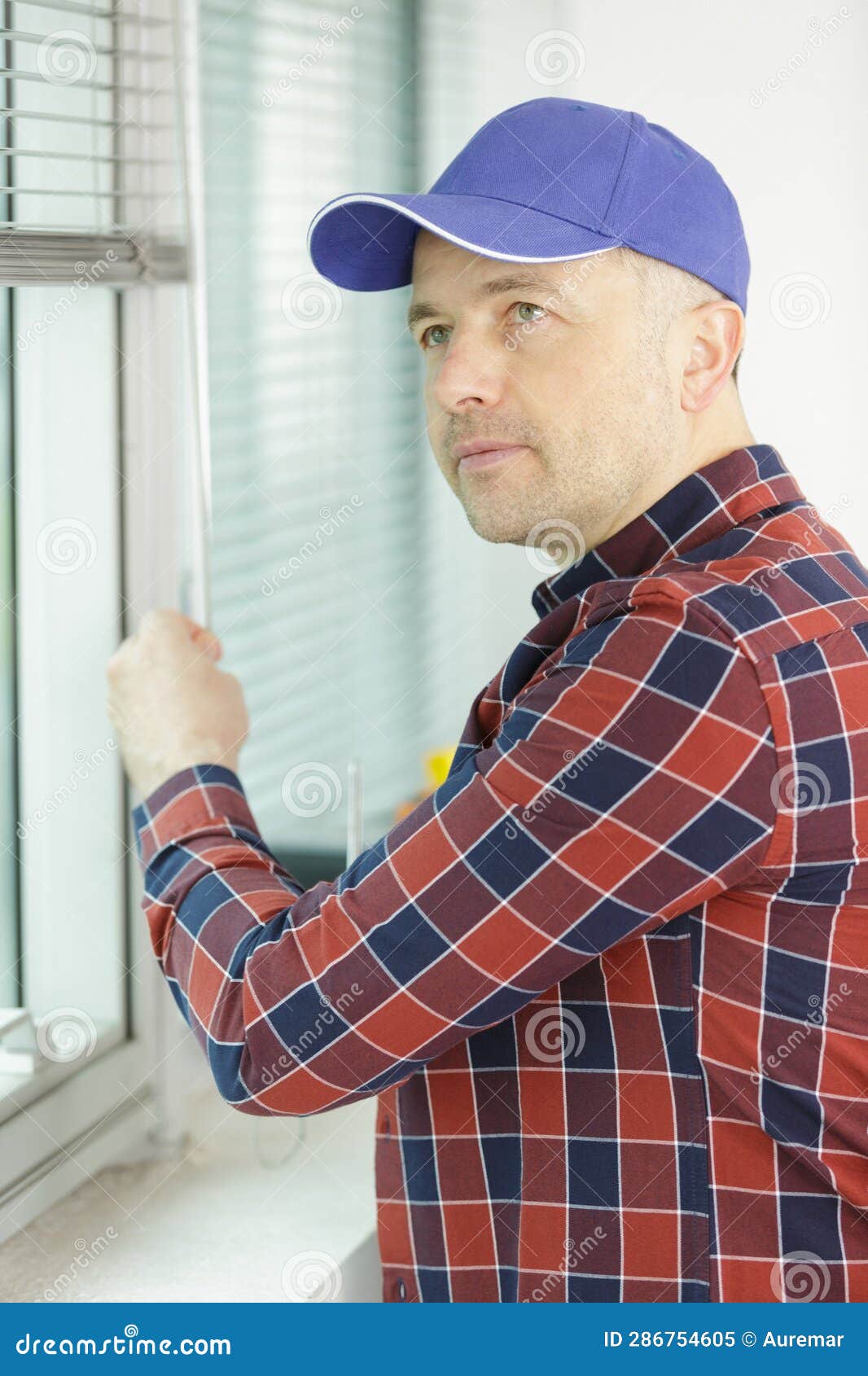 Construction Worker Man Install Blinds Stock Image - Image of office ...