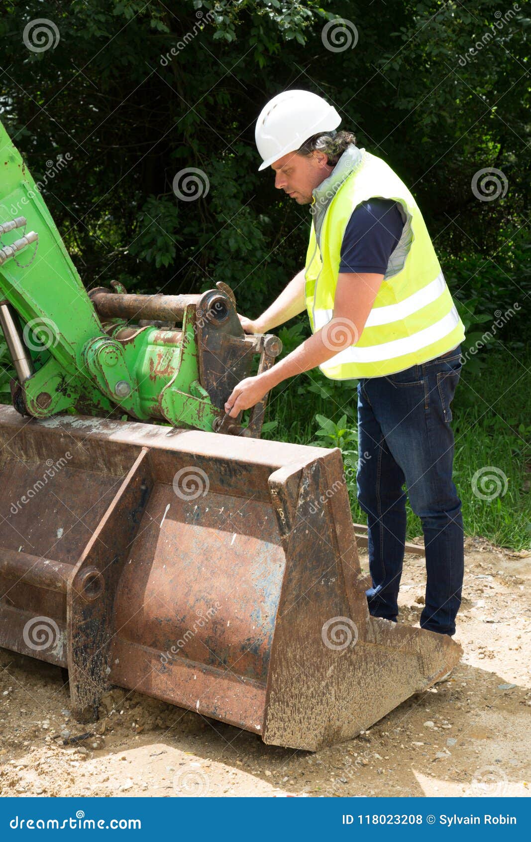 Construction Worker Man Using Digger and Look Stock Photo - Image of ...
