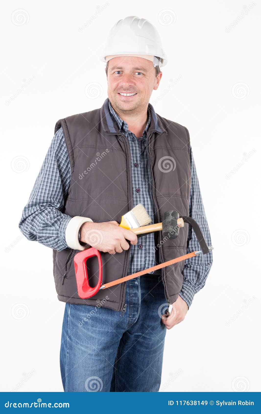 Construction Worker Man Wearing Helmet White Background Stock Image ...
