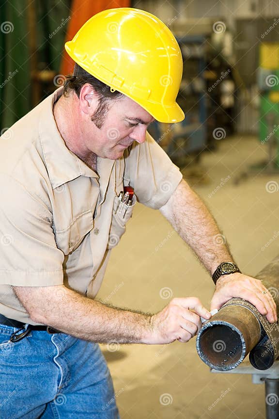 Construction Worker Marking Pipe Stock Photo - Image of machine ...