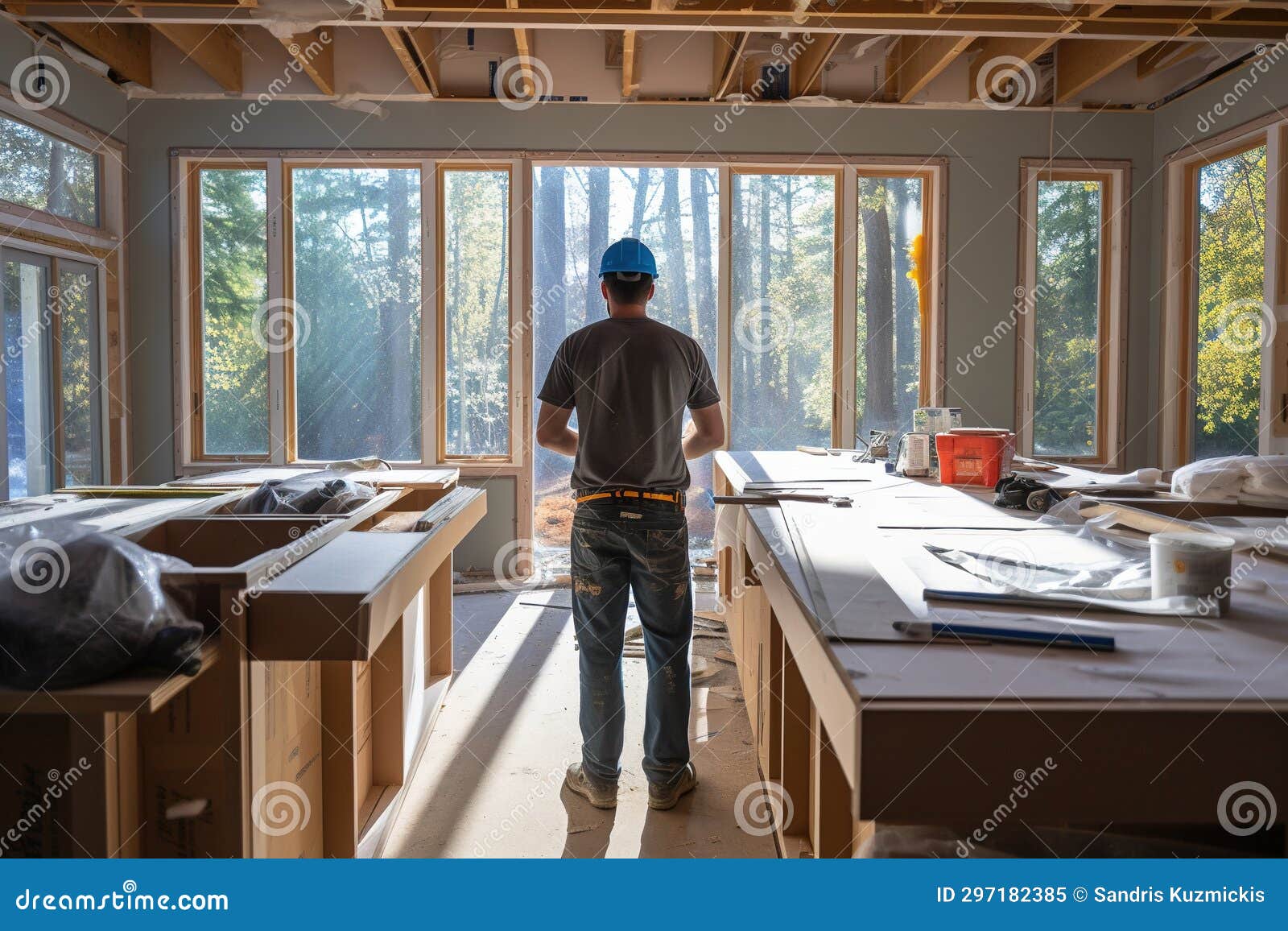 A Construction Worker Mason in the Ongoing Remodeling of a Spacious ...