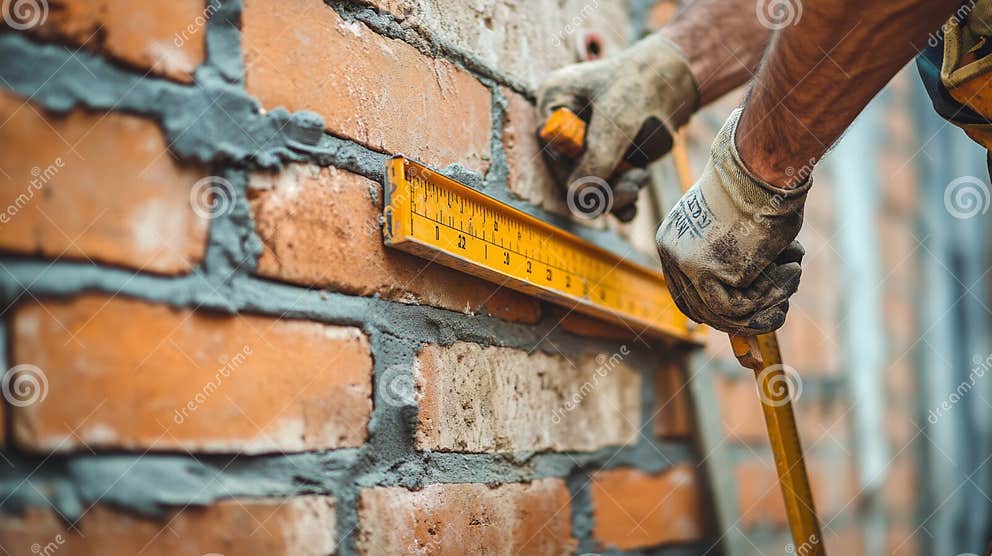 Construction Worker Measuring Brick Wall with Level Stock Illustration ...