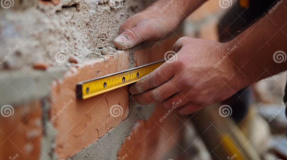 Construction Worker Measuring Brick Wall with Ruler Stock Illustration ...