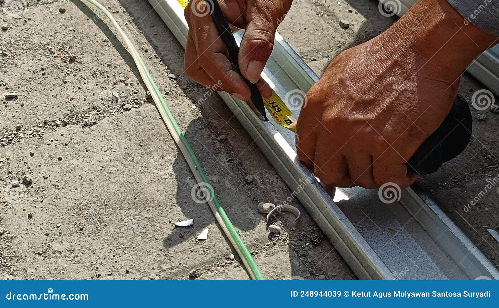 Construction Worker Measuring Material Close Up Hand Stock Image ...