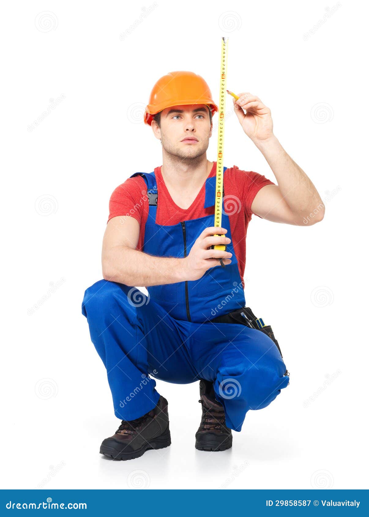 Construction Worker Measuring the Wall Stock Image - Image of isolated ...