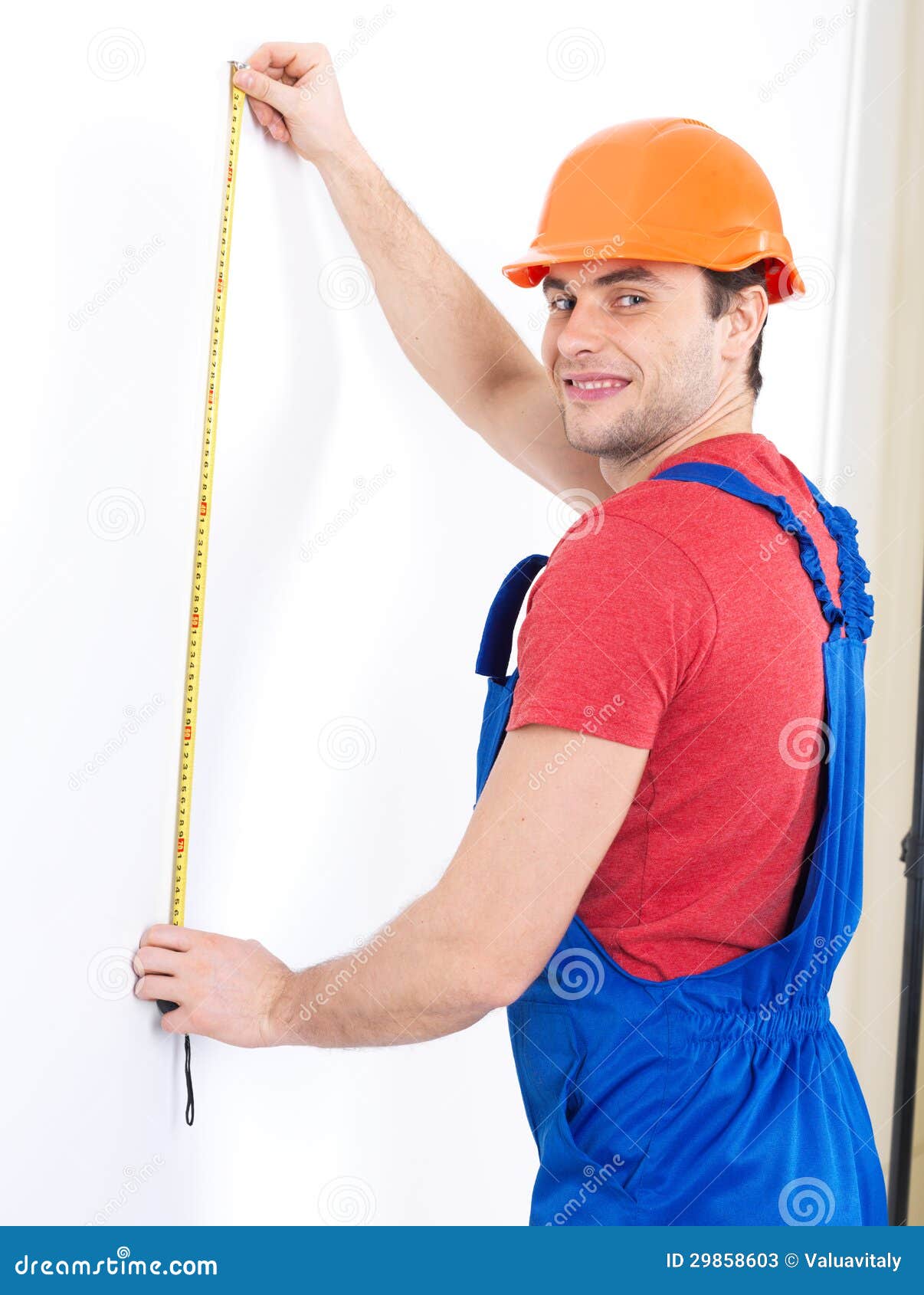 Construction Worker Measuring the Wall Stock Image - Image of craftsman ...