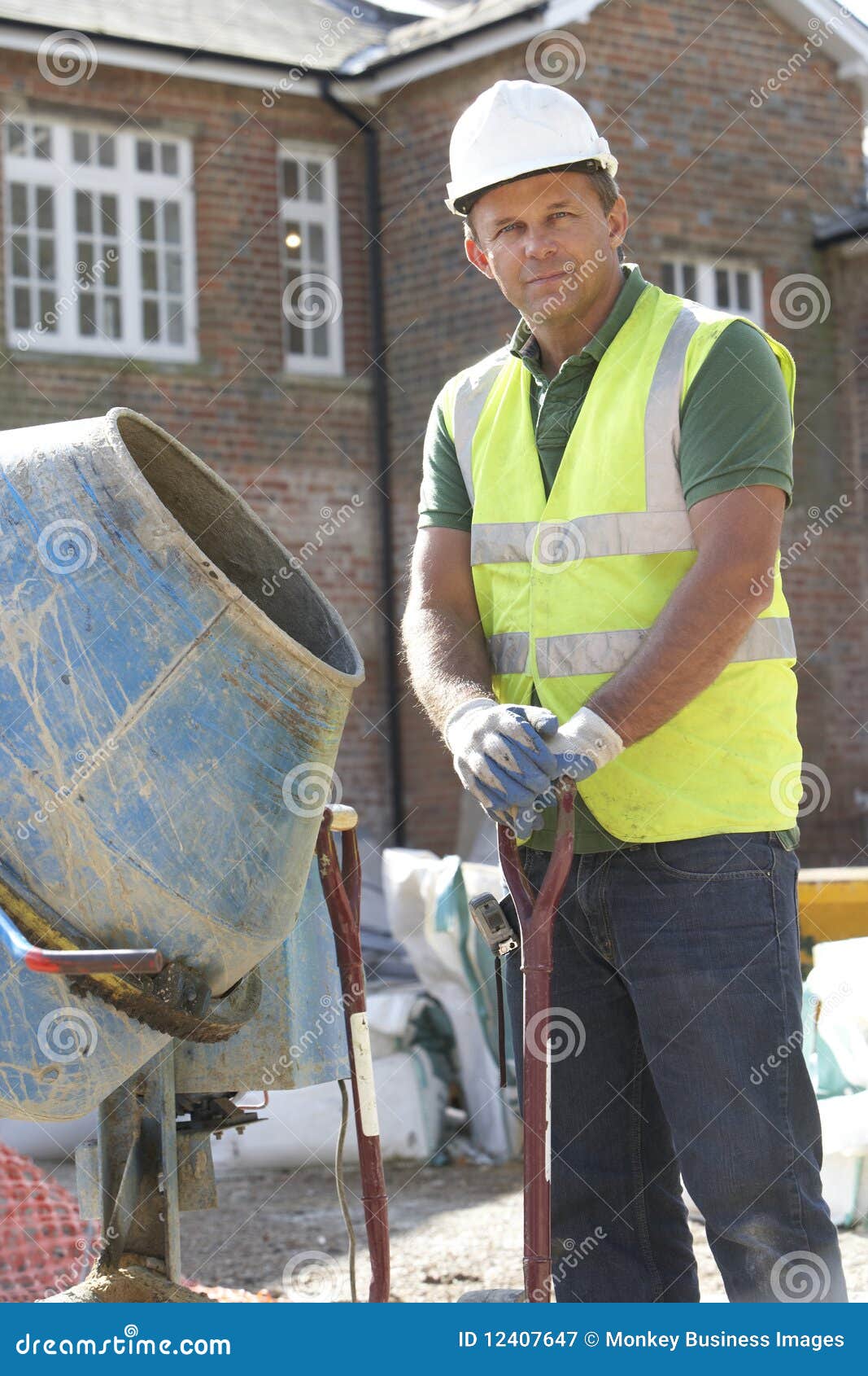 Worker Man Mixing, Stirring Cement Slurry, Concrete Rubble Mortar With ...