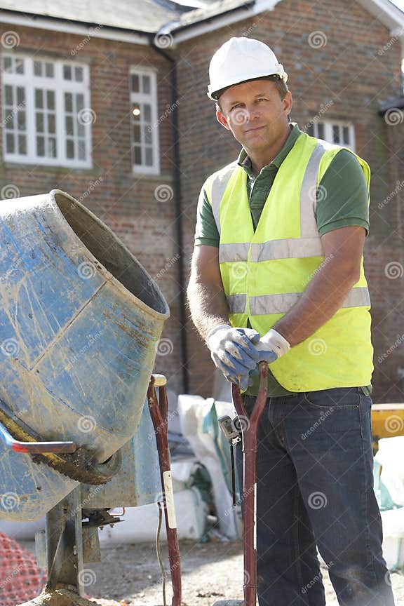 Construction Worker Mixing Cement Stock Image - Image of occupation ...