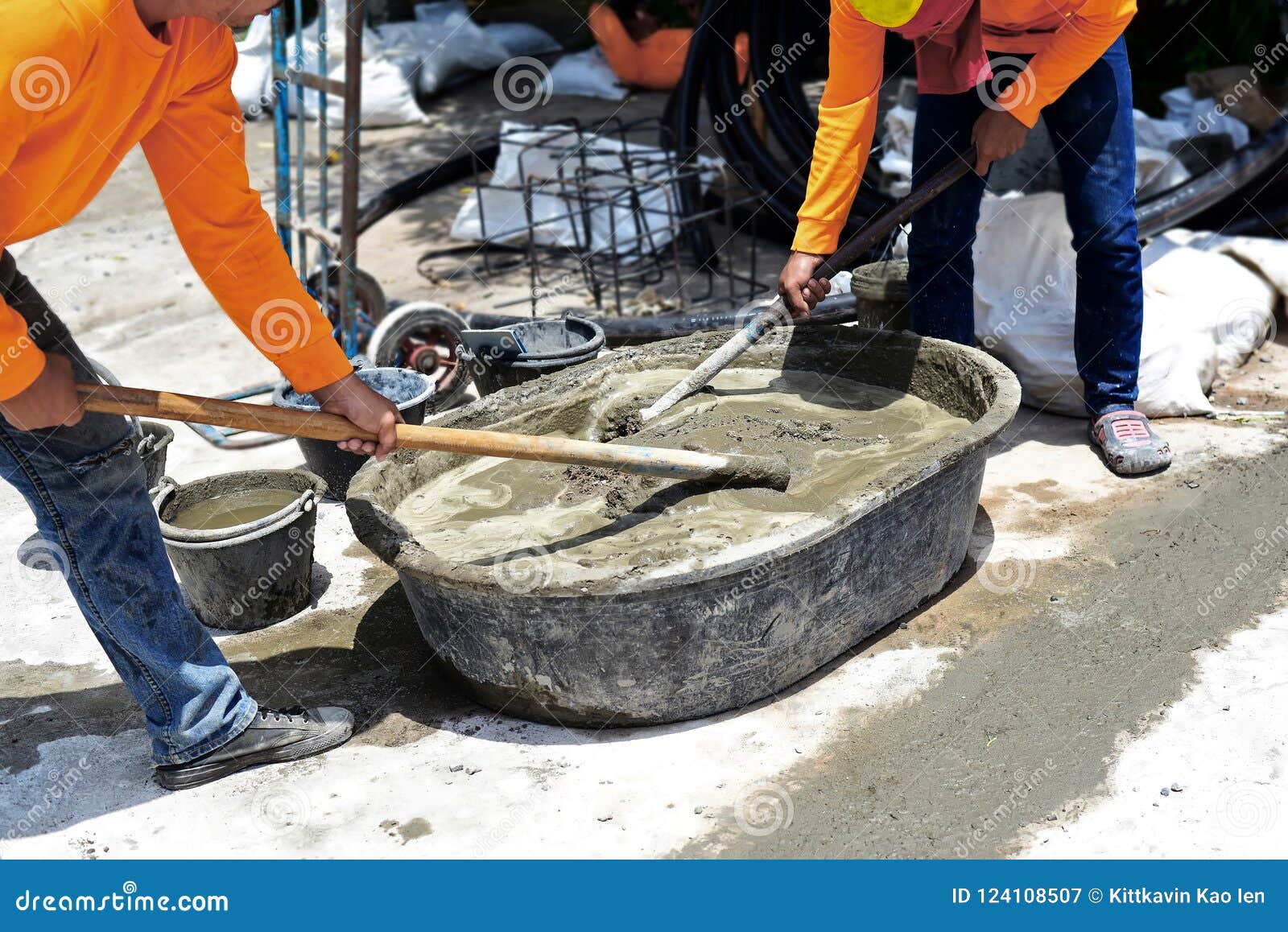 Construction Worker Mixing Cement Stock Image - Image of industrial ...