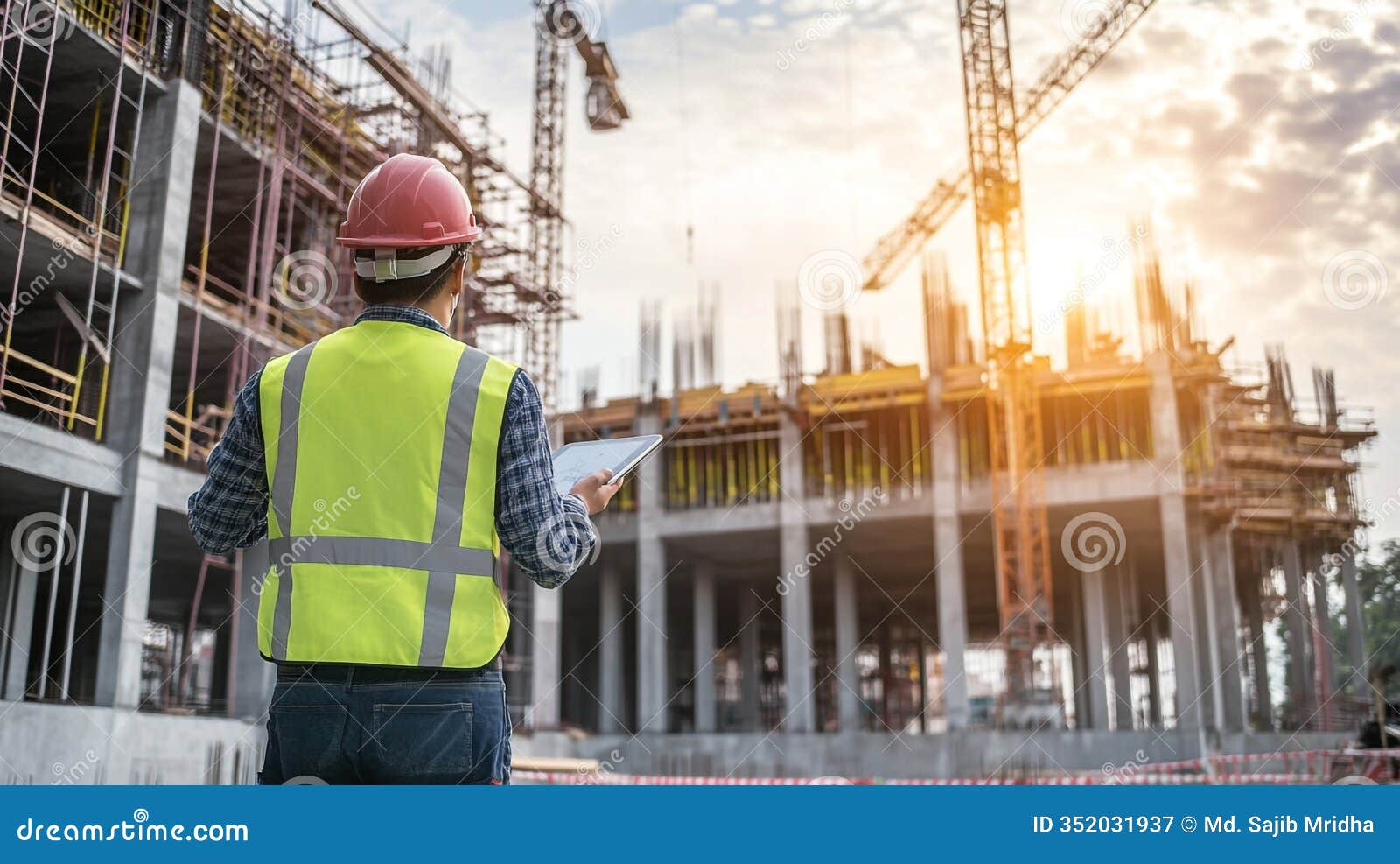 Construction Worker Monitors Site Progress with Tablet during Sunset in ...