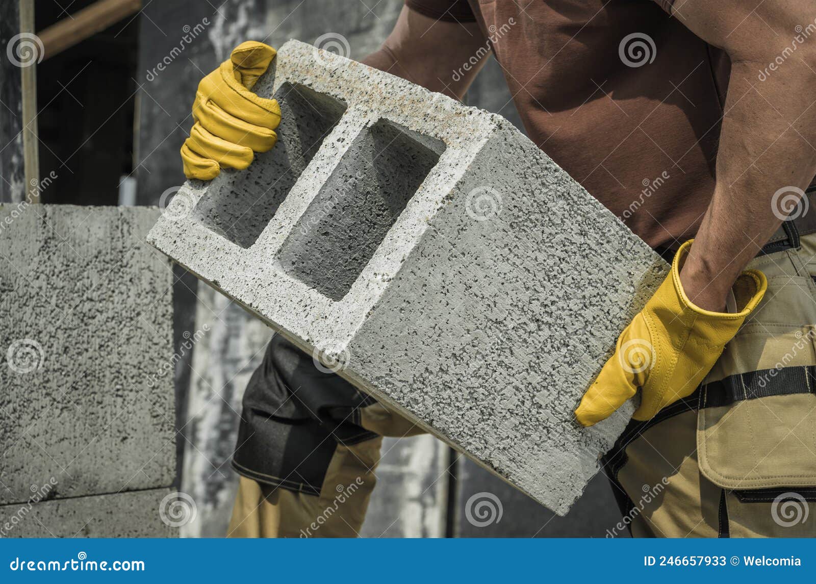 Construction Worker Moving Hollow Dense Concrete Blocks Stock Image ...