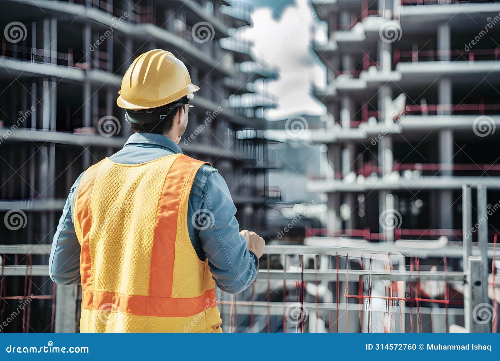 Construction Worker Observing Bustling Construction Site, Symbolizing ...