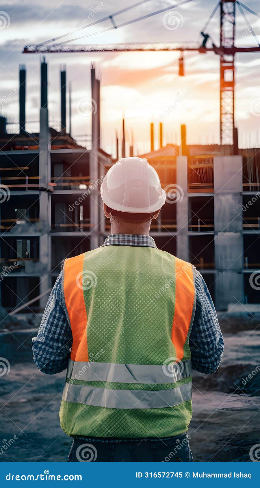 Construction Worker Observing Bustling Construction Site, Symbolizing ...