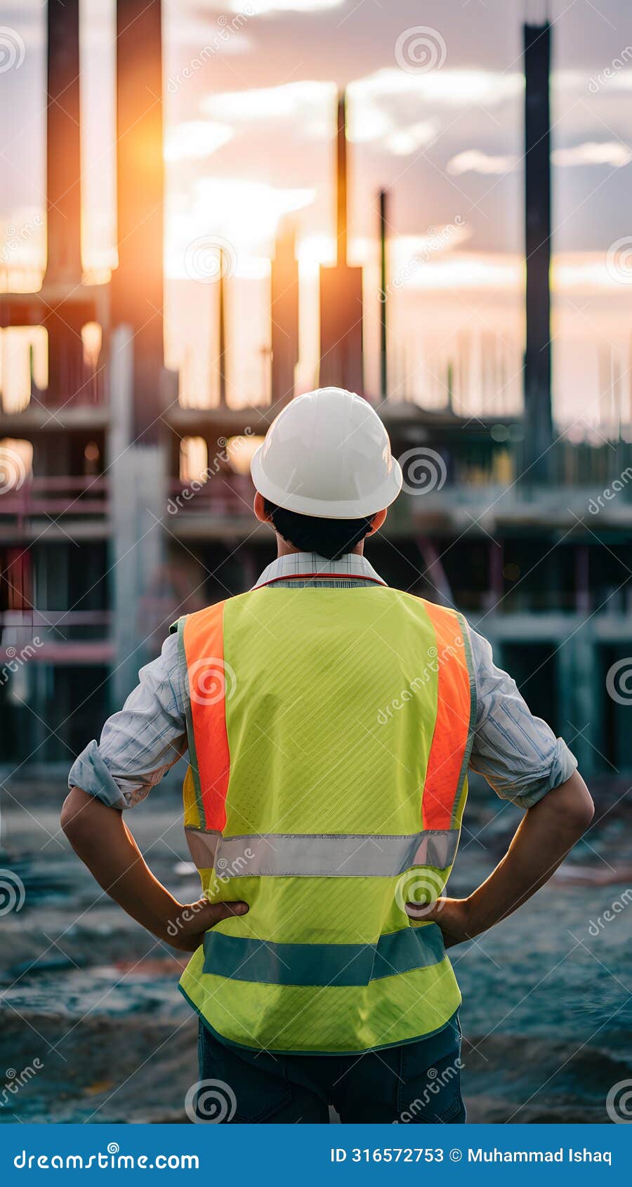 Construction Worker Observing Bustling Construction Site, Symbolizing ...