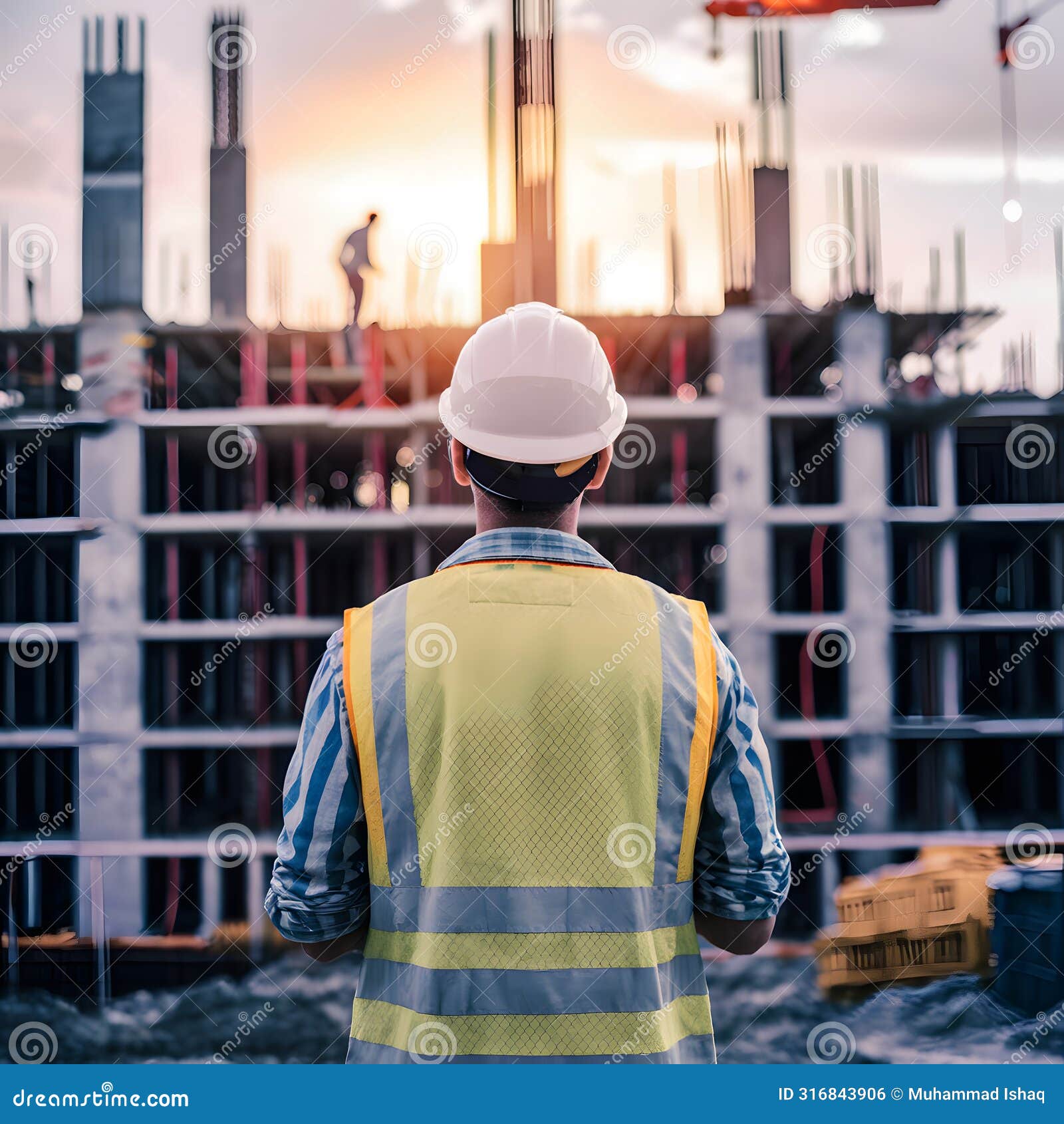 Construction Worker Observing Bustling Construction Site, Symbolizing ...