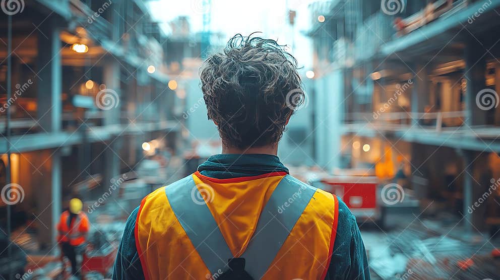 Construction Worker Observing a Busy Site Filled with Machinery and ...