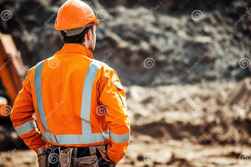 Construction Worker Observing Site Progress at a Busy Construction Zone ...