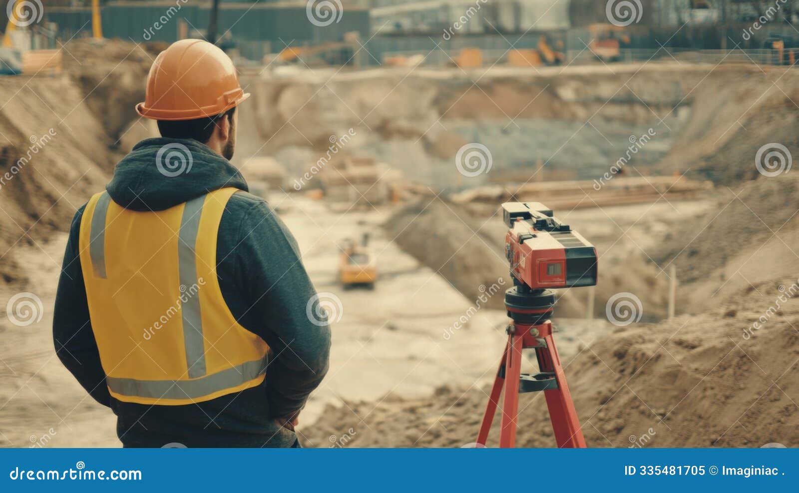 Construction Worker Observing Survey Equipment at a Construction Site ...