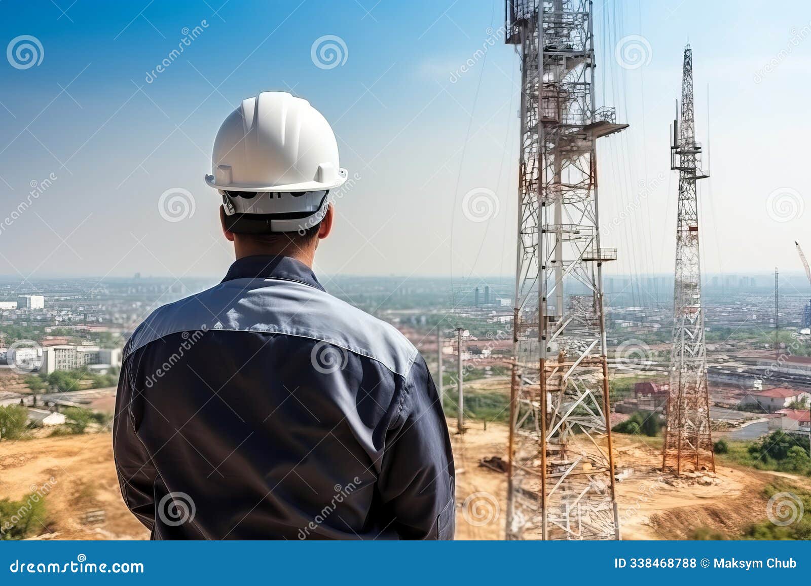 Construction Worker Observing Telecommunications Tower Development Near ...