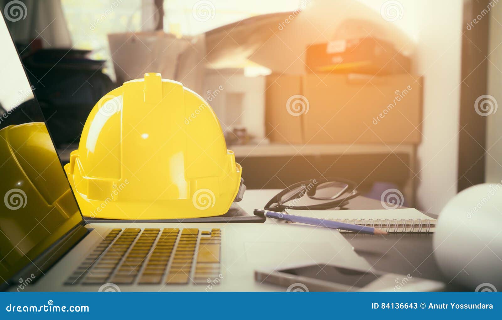 Construction Worker Office Desk with Laptop. Stock Image - Image of ...