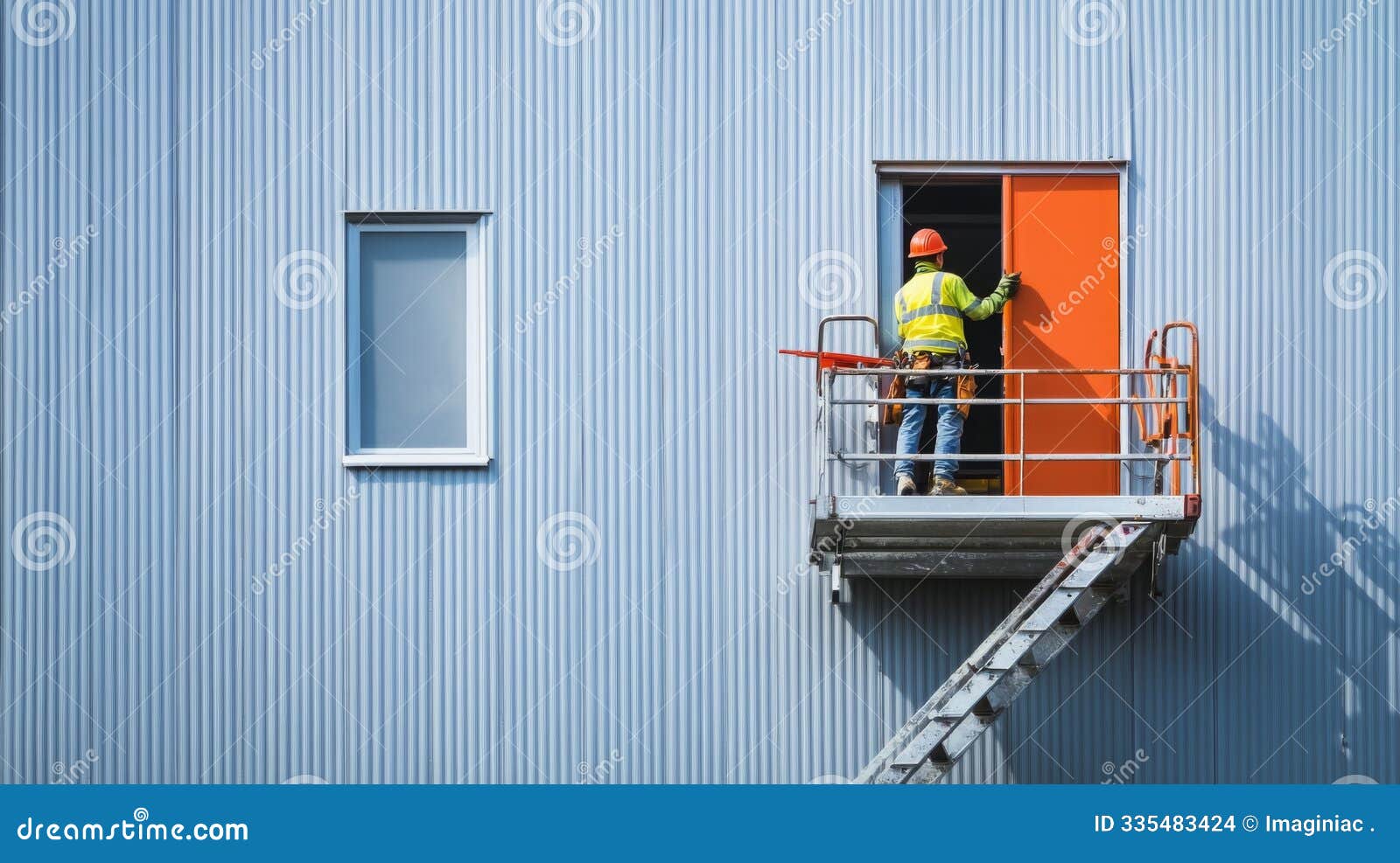 Construction Worker Opening a Door on a Lift Platform Stock ...