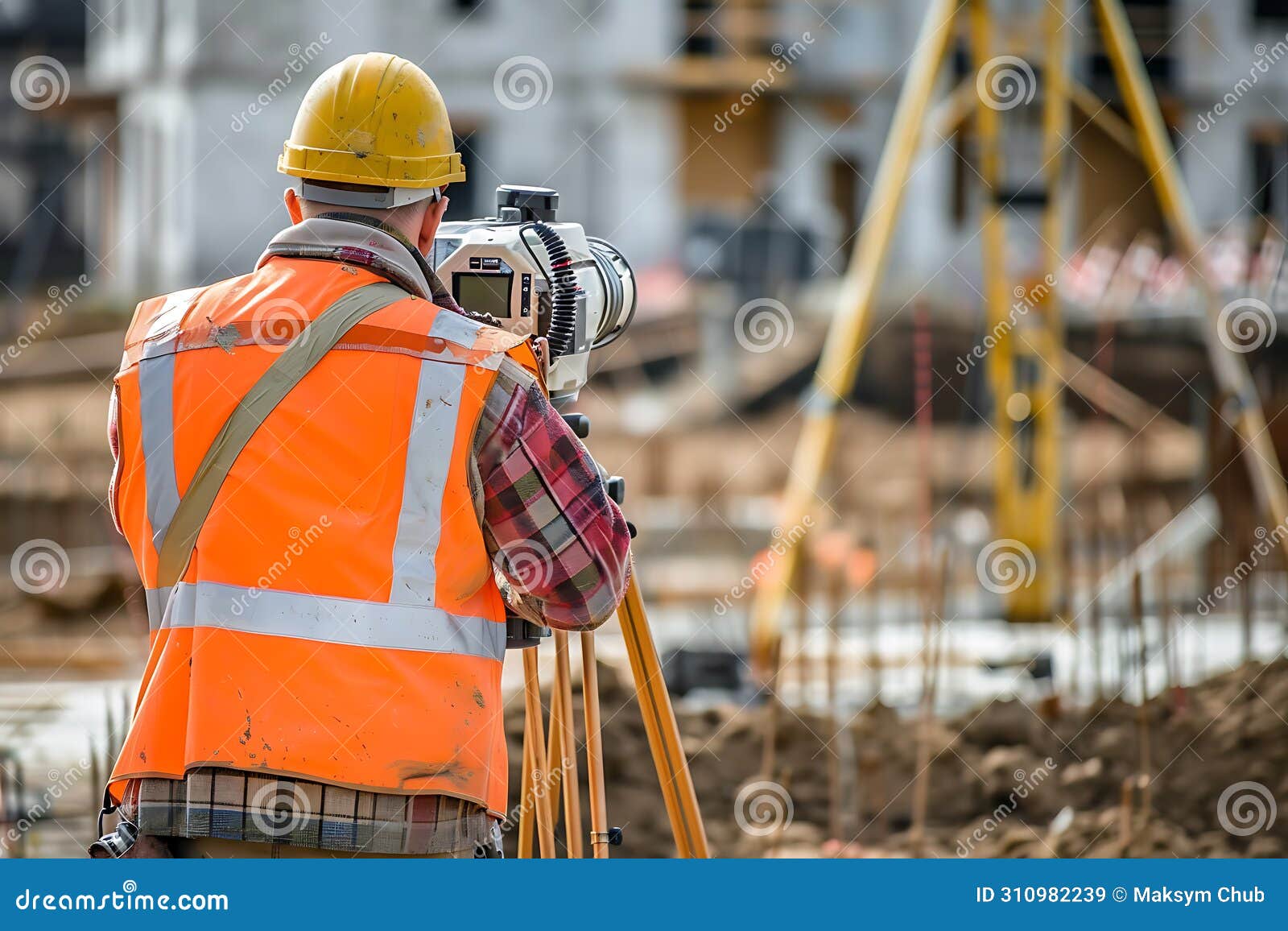 Construction Worker Operating Camera on Tripod Stock Image - Image of ...
