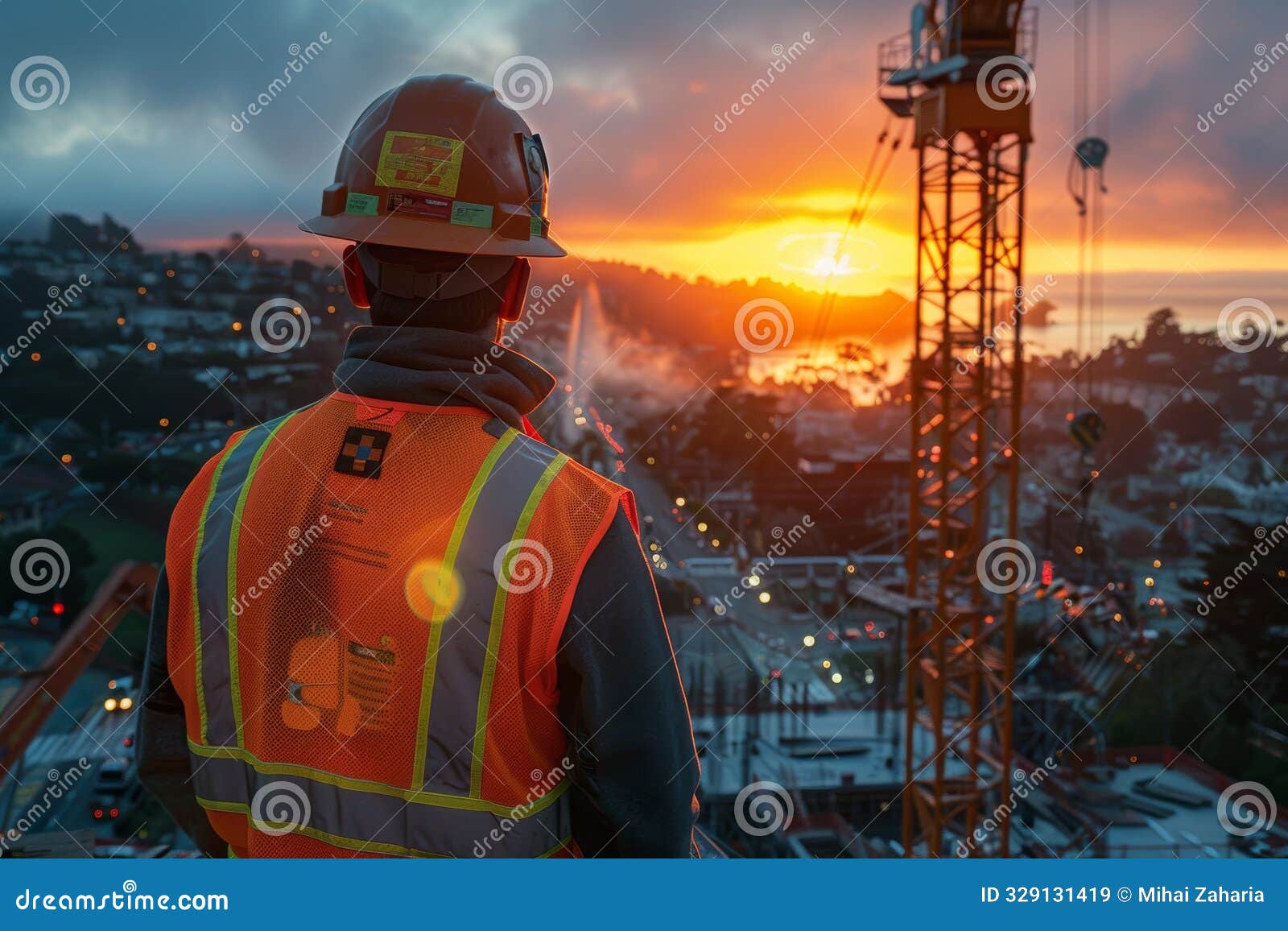 Construction Worker Operating a Crane at Sunset Stock Illustration ...