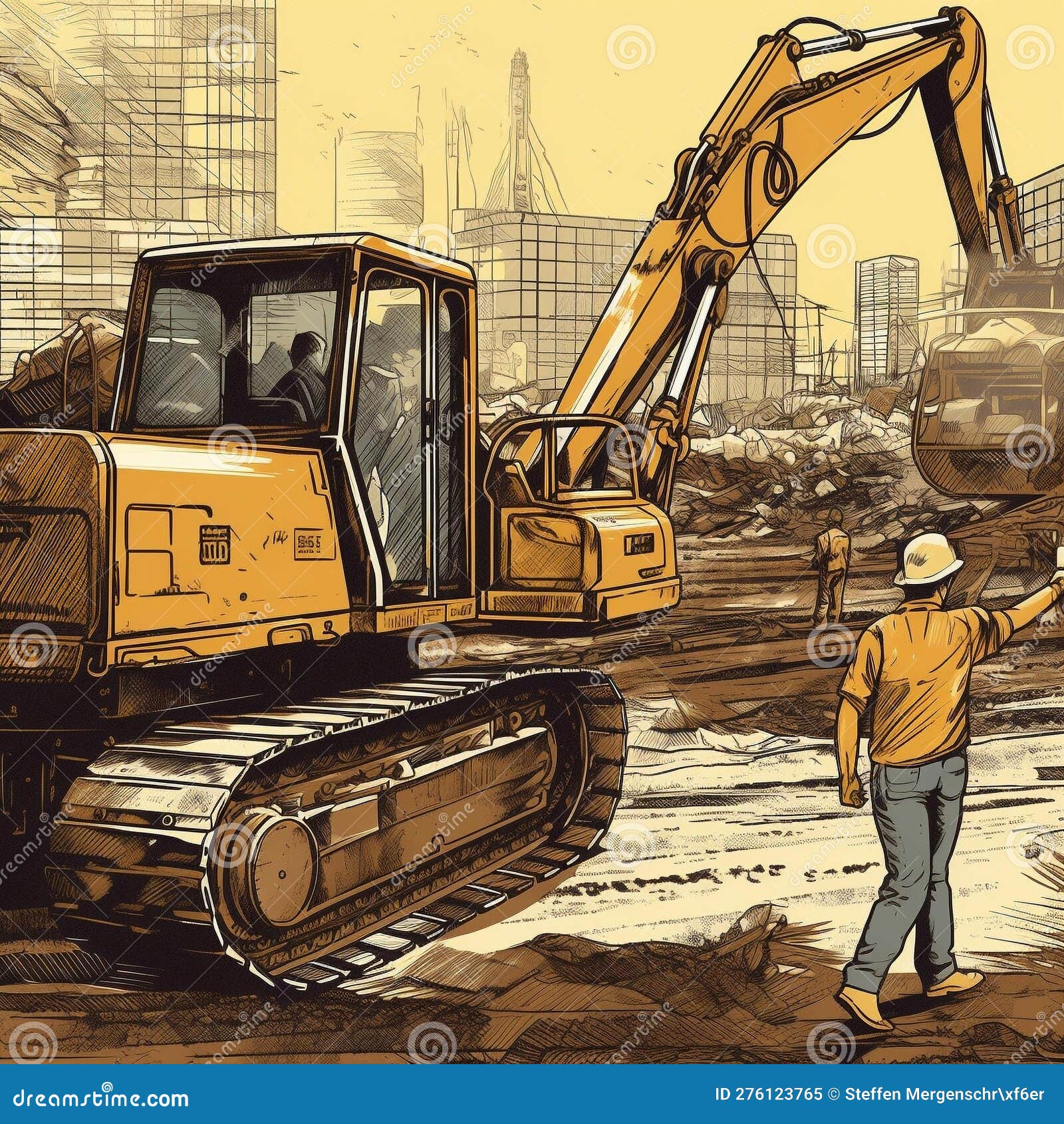 Construction Worker Operating Heavy Machinery in Busy Site Stock Image ...