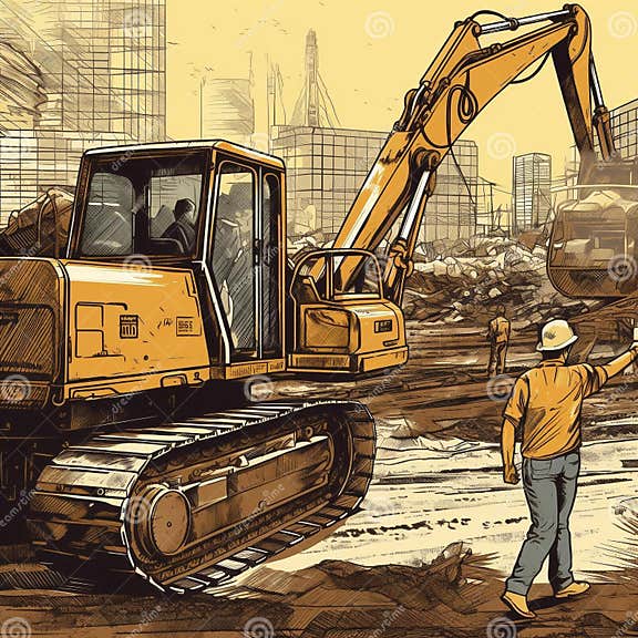 Construction Worker Operating Heavy Machinery in Busy Site Stock Image ...