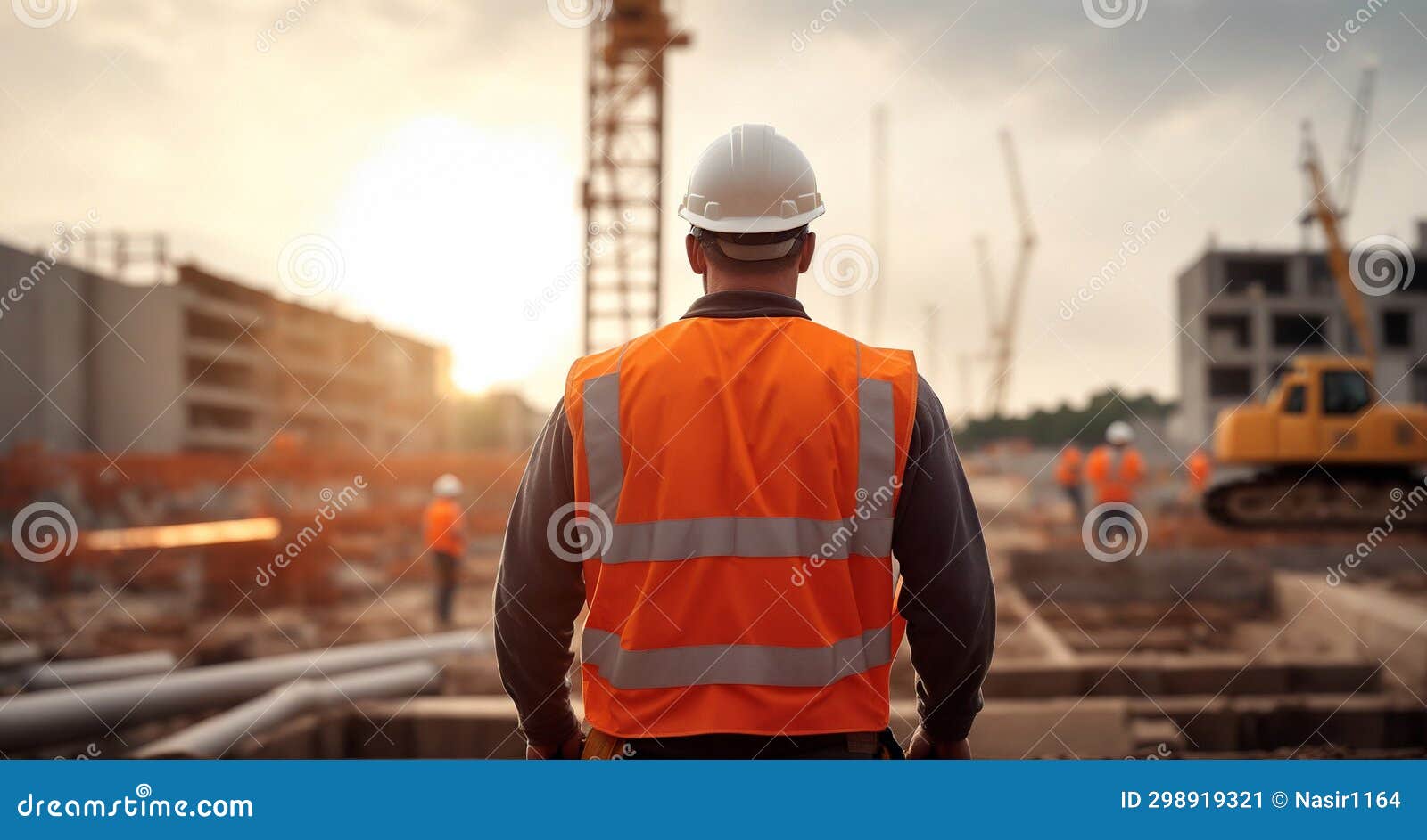 Construction Worker in Orange Safety Jacket and Wearing Hard Hat at Construction Site, Checking ...
