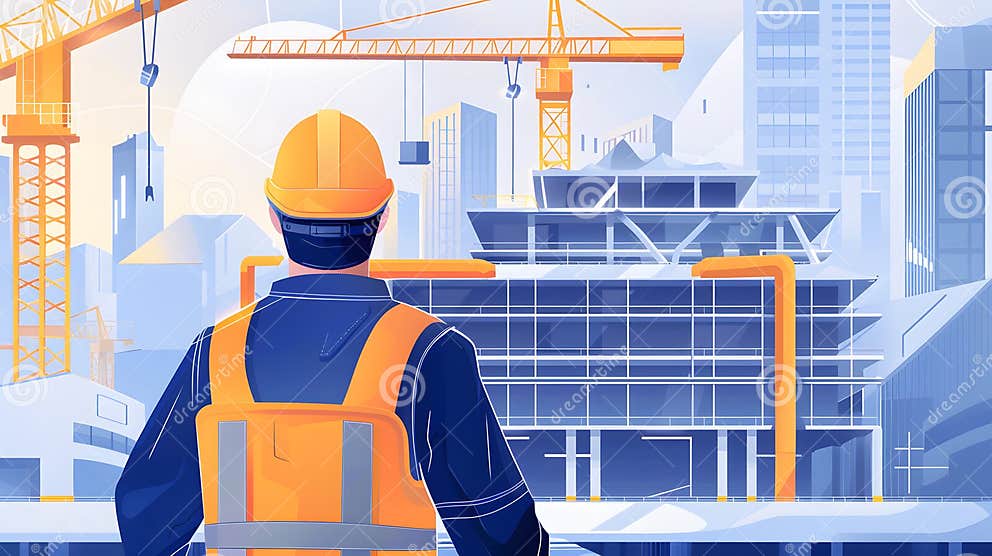 Construction Worker Overlooking Building Site with Cranes Stock Photo ...