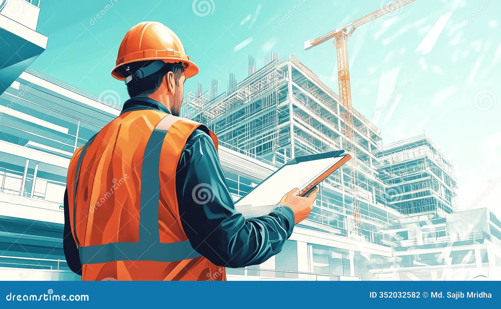 Construction Worker Overseeing Building Project with Crane in ...