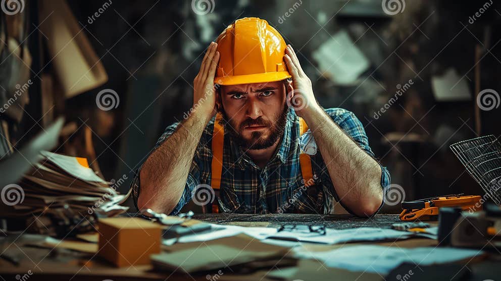Construction Worker Overwhelmed with Paperwork in a Cluttered Workspace ...